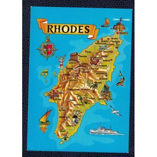 Grèce Carte Postale CP Postcard représentation mappe de l'Île de Rhodes ...
