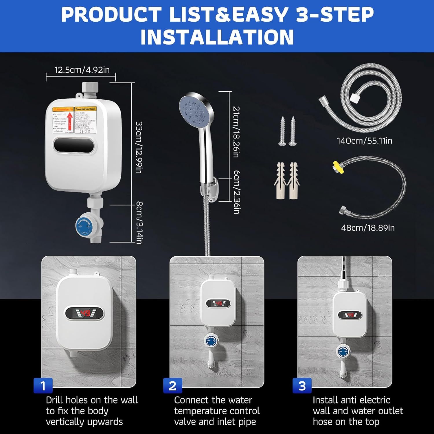 White White Chauffe-Eau éLectrique Instantané, Mini Chauffe-Eau Instantané 3500 W Avec Affichage ...