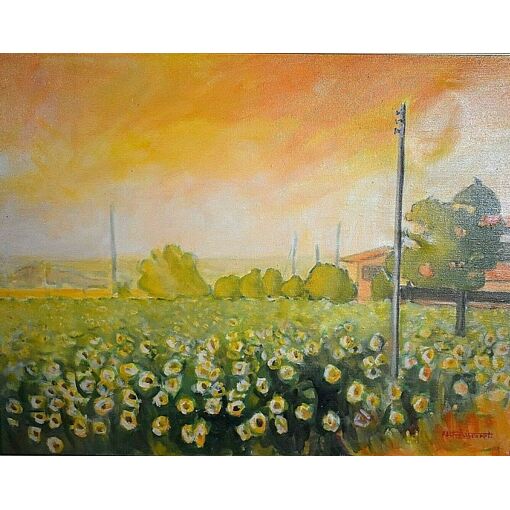 Tableau ancien huile paysage aux tournesols du peintre Rodolf Fauria ...