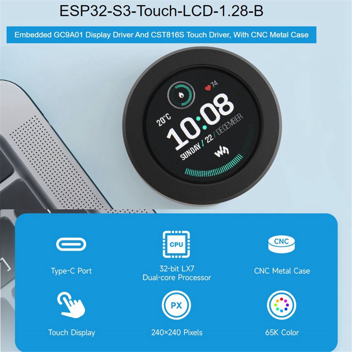 Carte de développement ESP32-S3 avec écran LCD tactile rond de 1.28 pouces, pilote GC9A01 ...