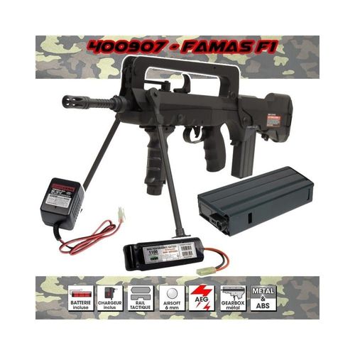 400907, Pack complet Fusil Airsoft AEG Famas F1 Nylon Fibre 1,2 Joules ...