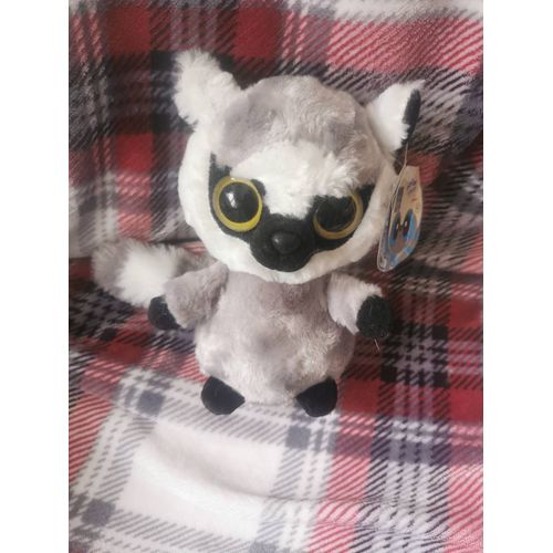 Doudou peluche Lemmee Maki lémurien gris noir blanc gros yeux jaune ...
