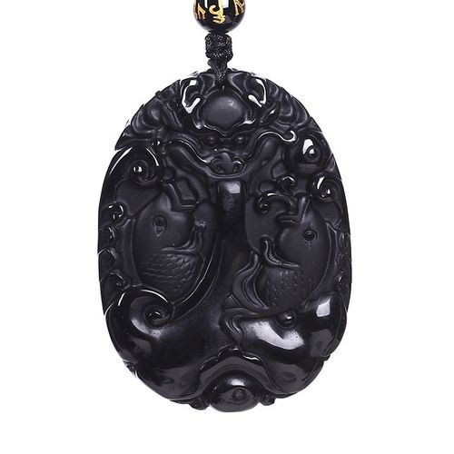 Grand collier pendentif en obsidienne noire sculptée à la main, amulette givrée, porte-bonheur ...