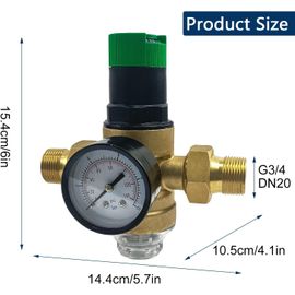 Reducteur de Pression Eau 3/4 Pouce, avec Manometre Pression Eau, Réducteur de Pression d'eau ...